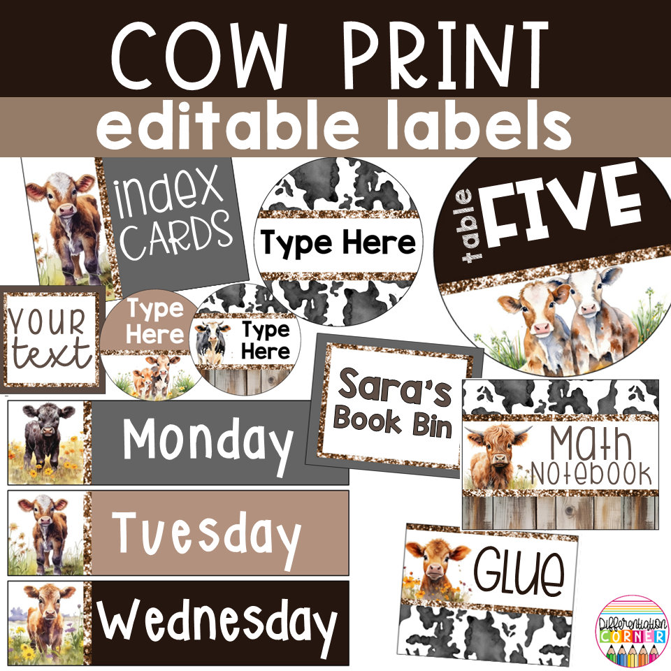 Editable Farmhouse Classroom Labels Cow Print Classroom Decor Neutral ...