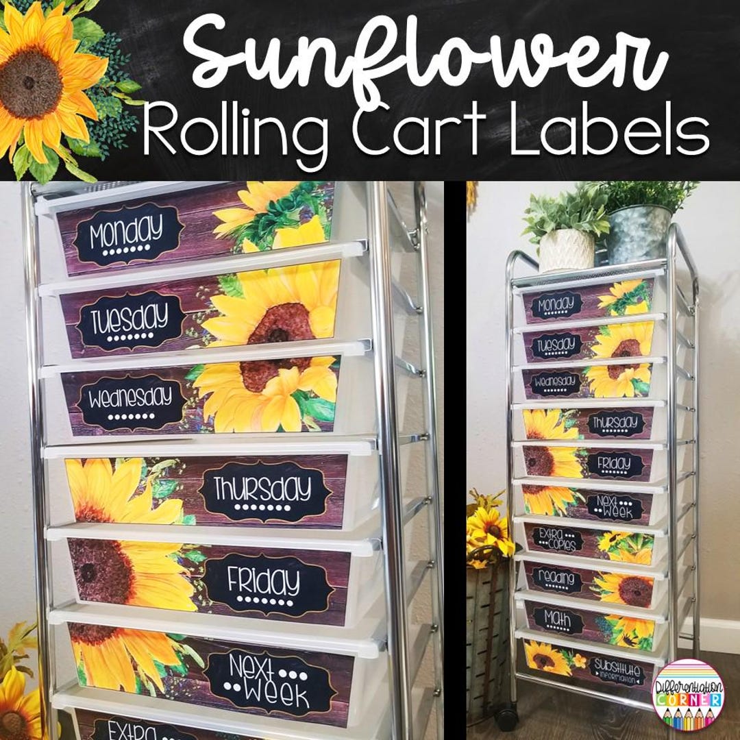 10 Drawer Cart Rolling Labels Editable Sunflower Farmhouse Classroom ...