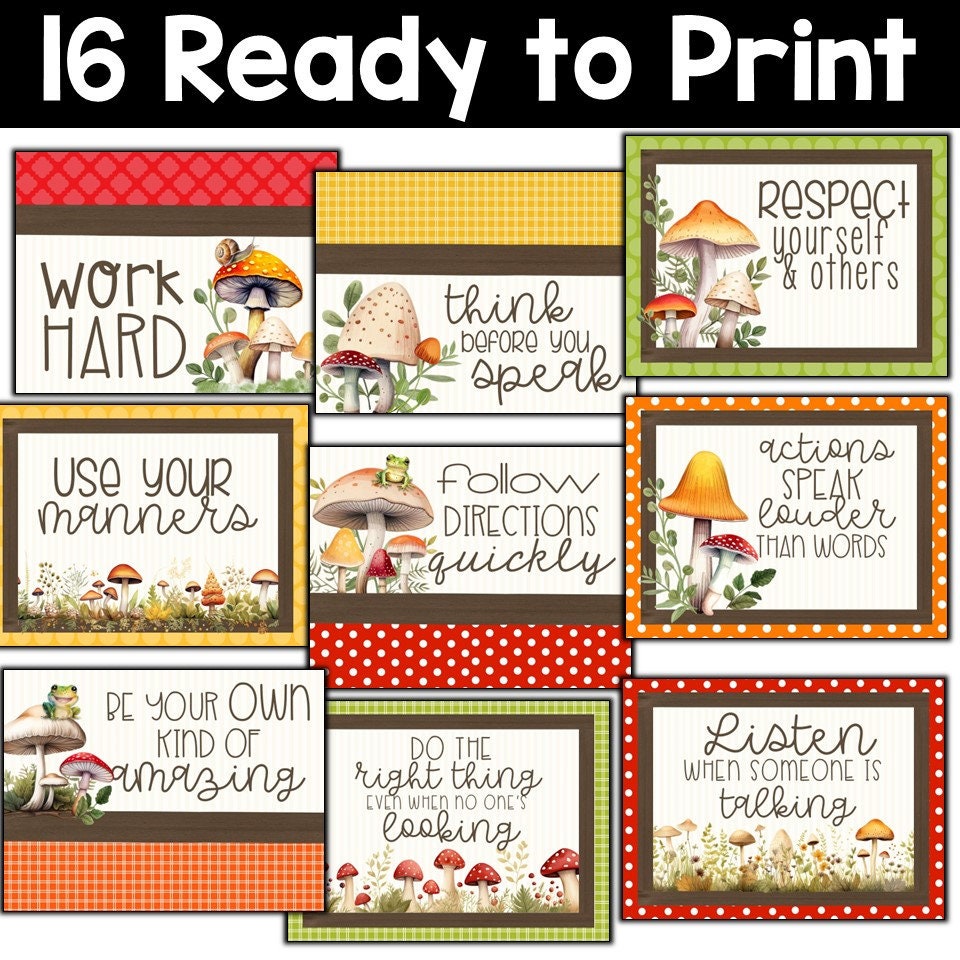 Mushroom Retro Classroom Rules Posters Mushroom Classroom Decor ...