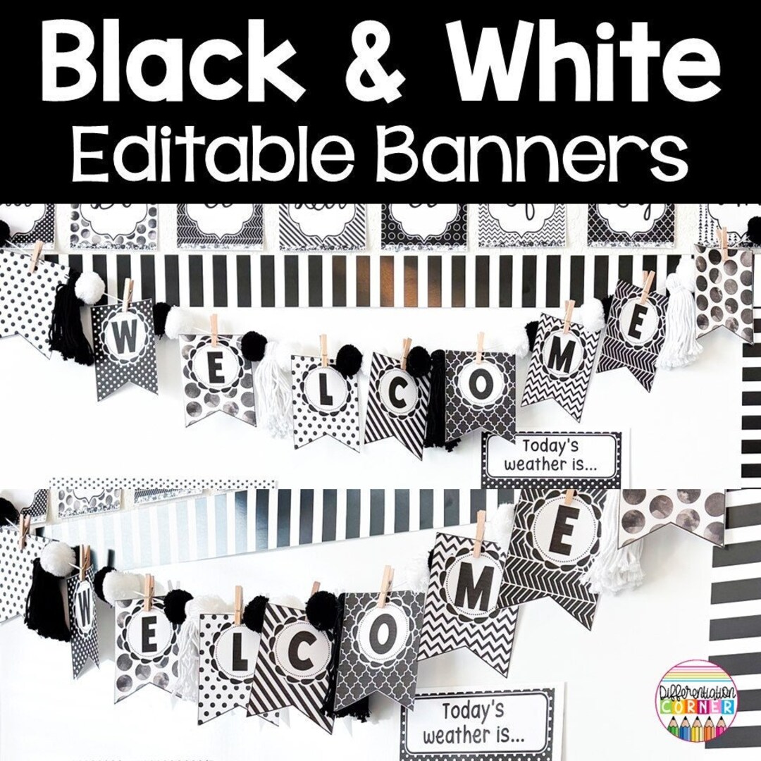 Editable Black and White Bunting Bulletin Board Banner Letters | Black ...