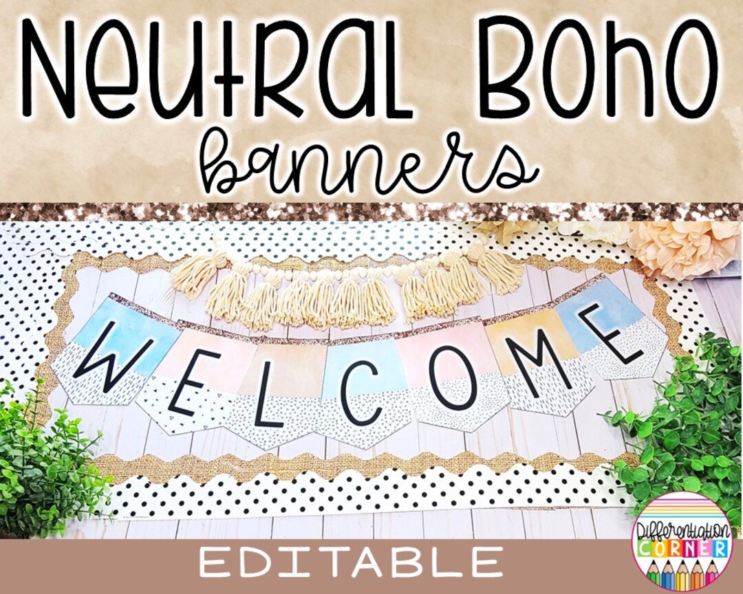 Editable Boho Bunting Bulletin Board Banner Letters Neutral Boho ...