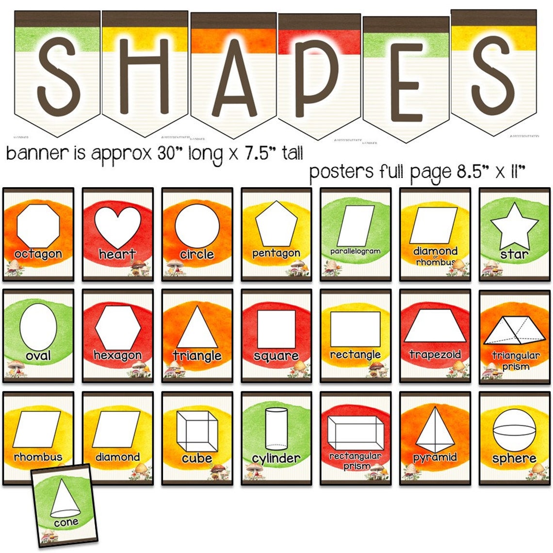 PRINTABLE Shape Posters Charts Mushroom Retro Classroom Decor 2D and 3D ...