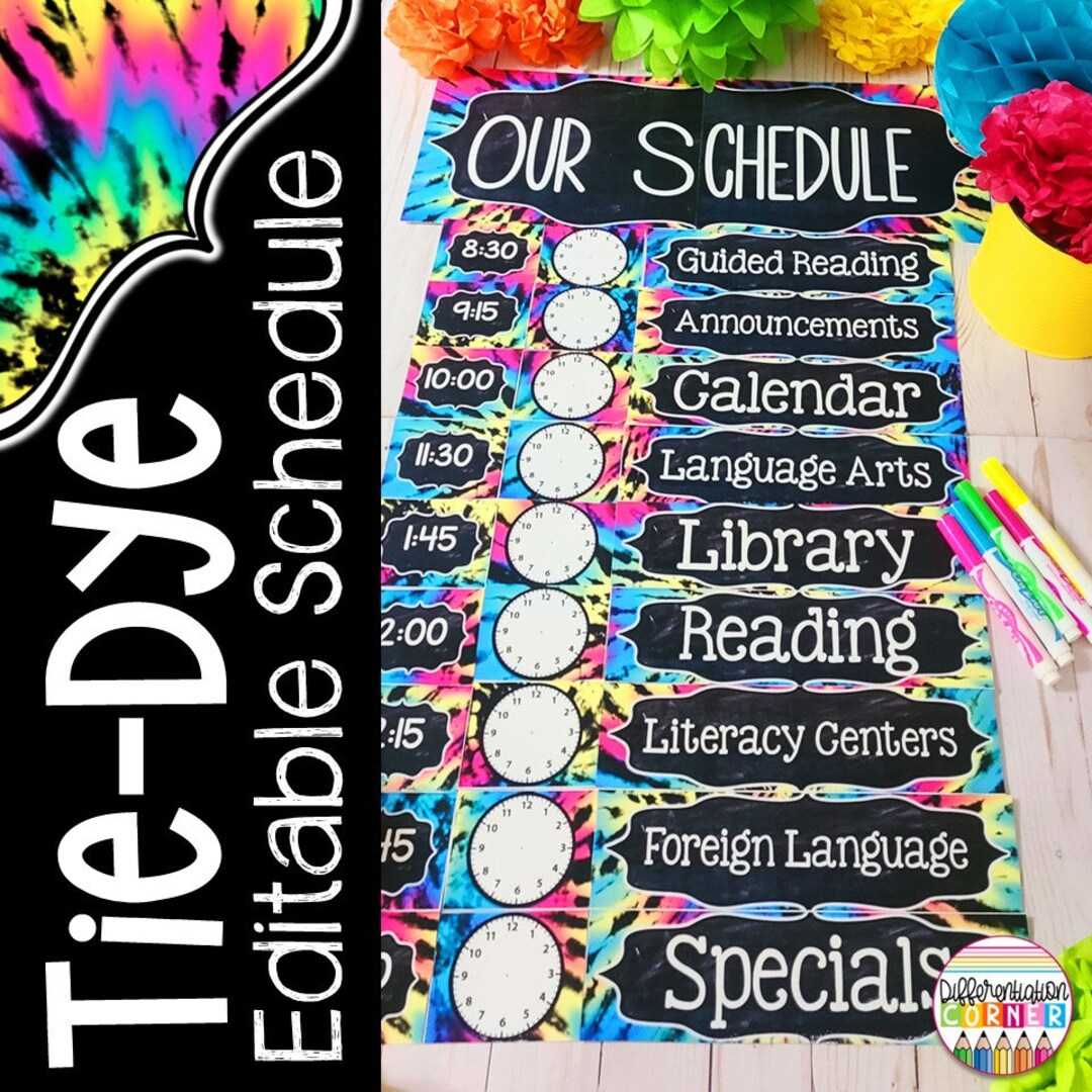 Editable Daily Schedule Cards Tie Dye Retro Classroom Decor Printable ...