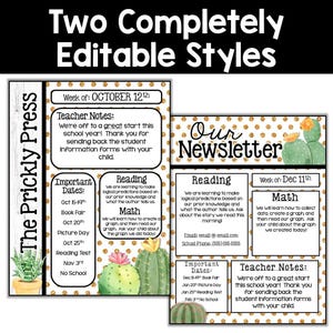 Editable Classroom Newsletter Template Cactus Classroom Decor Monthly ...