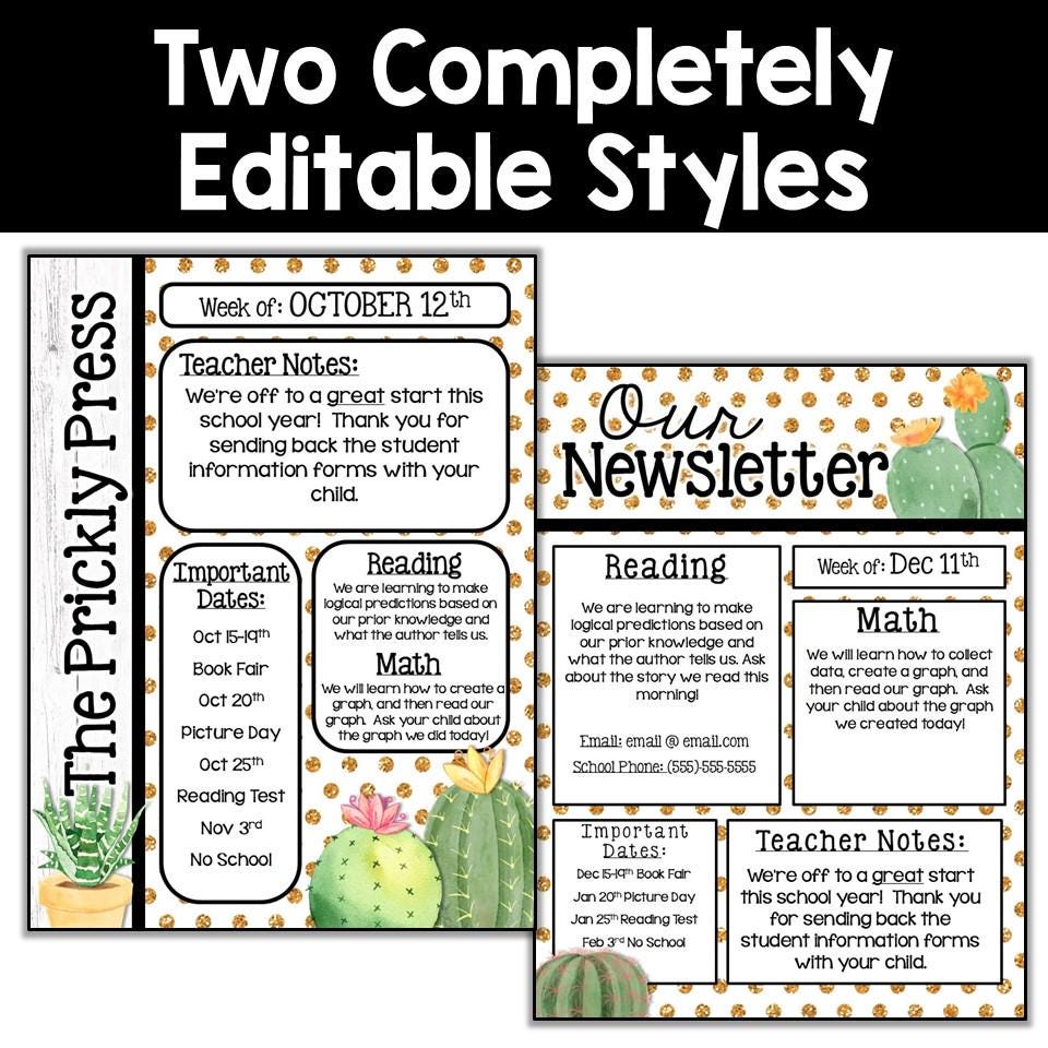 Editable Classroom Newsletter Template Cactus Classroom Decor Monthly ...