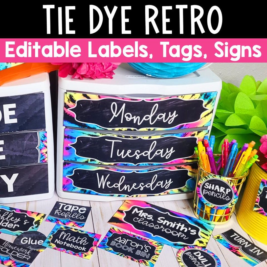 Editable Classroom Labels Tie Dye Retro Classroom Decor Classroom ...