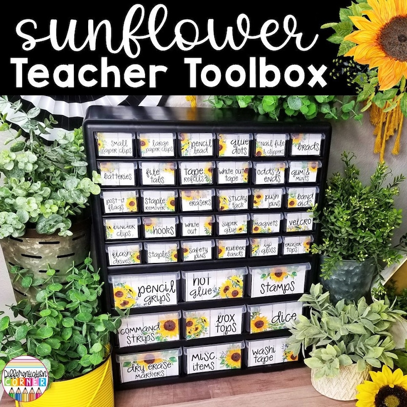 Teacher Tool Box Labels, Sunflower Modern Farmhouse Teacher Toolbox ...