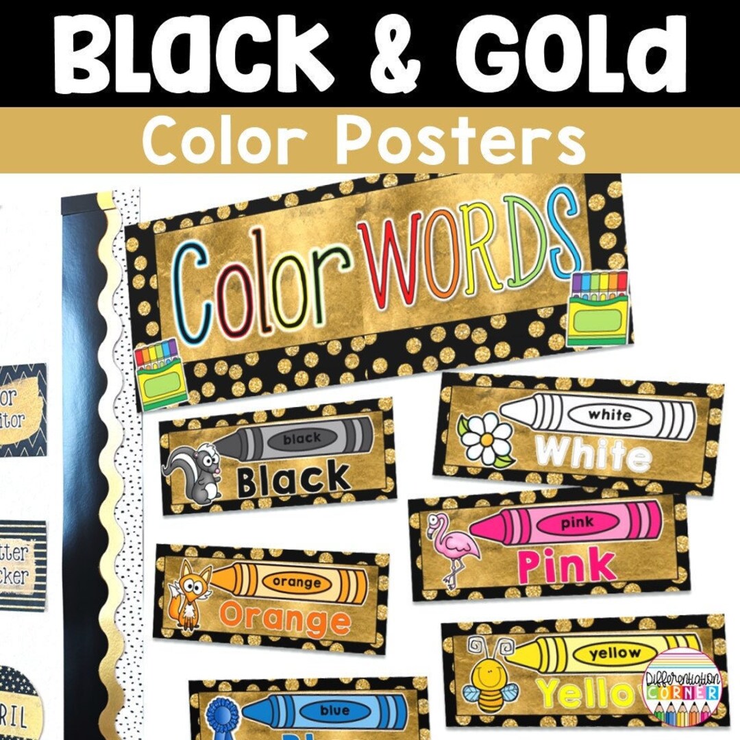 PRINTABLE Color Posters Pack Black and Gold Theme Classroom Decor ...