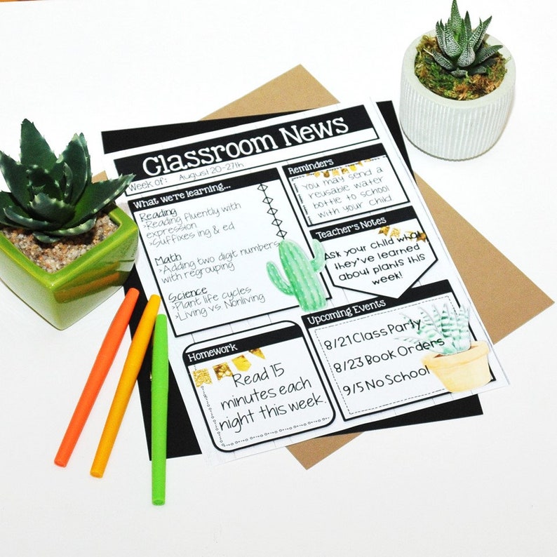 Editable Classroom Newsletter Template Cactus Classroom Decor Monthly ...