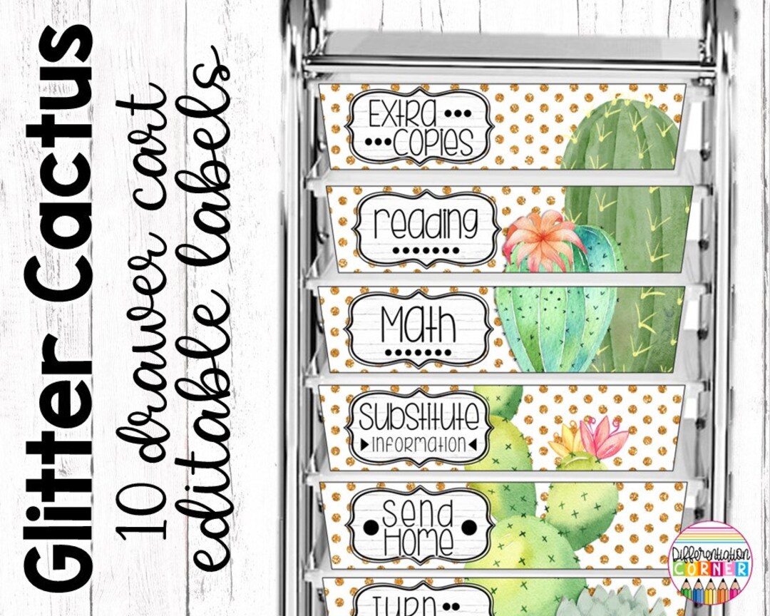 10 Drawer Cart Rolling Labels Editable Cactus Classroom Decor Succulent ...