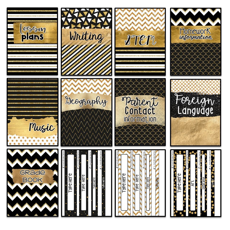 Editable Binder Covers and Spines Black and Gold Classroom Decor Black ...