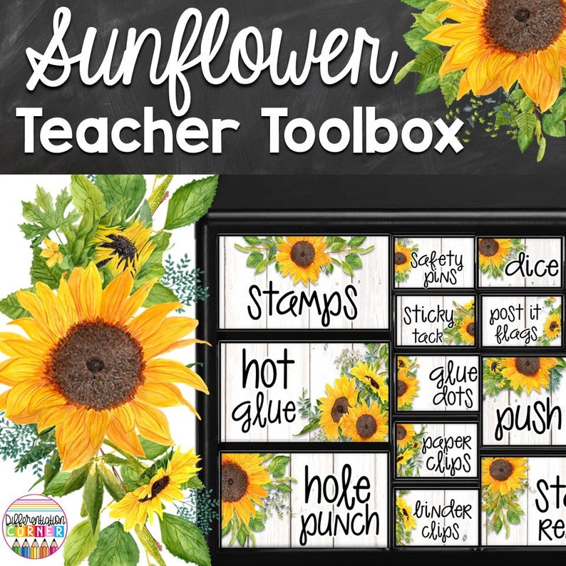 Teacher Tool Box Labels Sunflower Modern Farmhouse Teacher - Etsy
