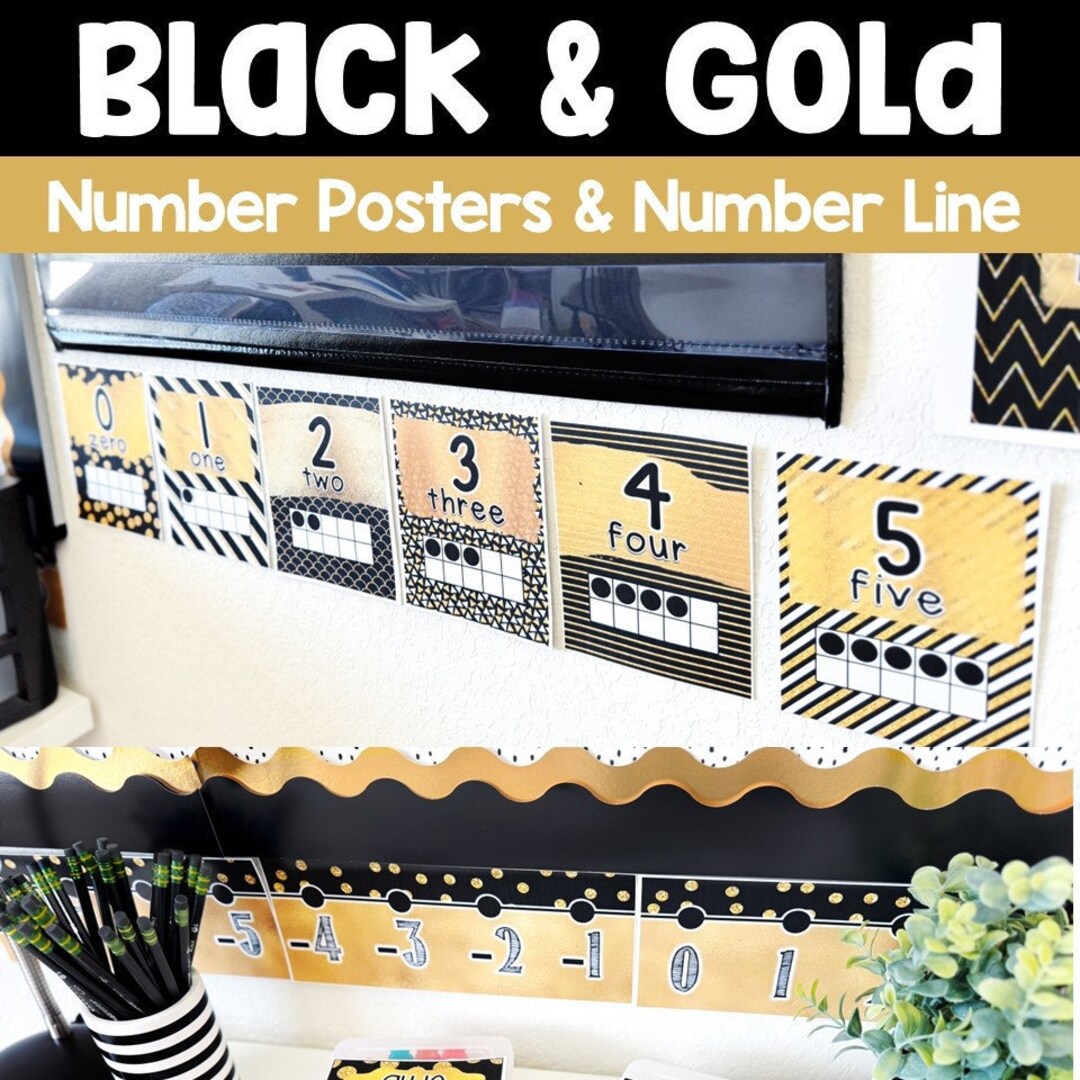 Number Posters 0-30 Number Line Negative Numbers Black and Gold ...