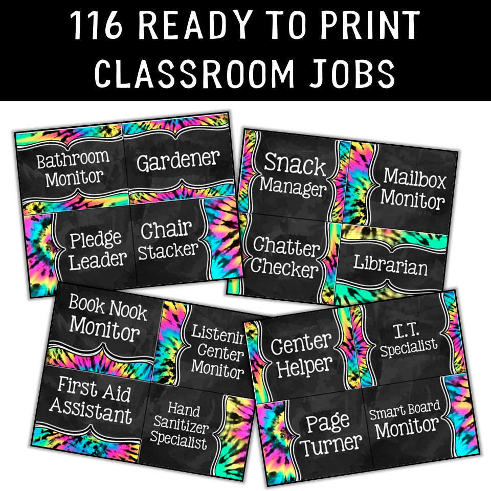 Editable Classroom Jobs Chart Template Tie Dye Retro Classroom Decor ...