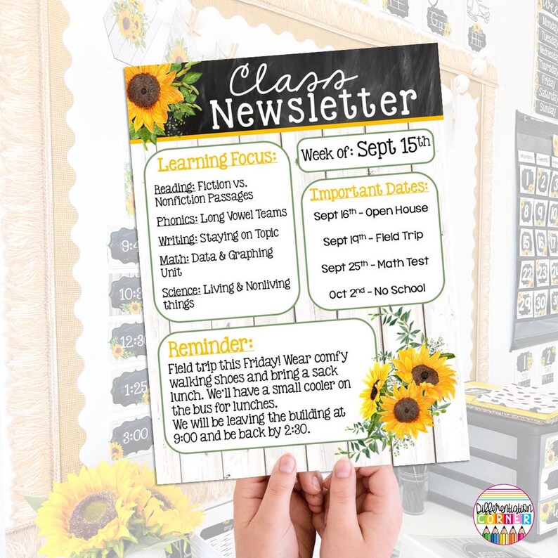 Editable Classroom Newsletter Template | Sunflower Farmhouse Classroom ...