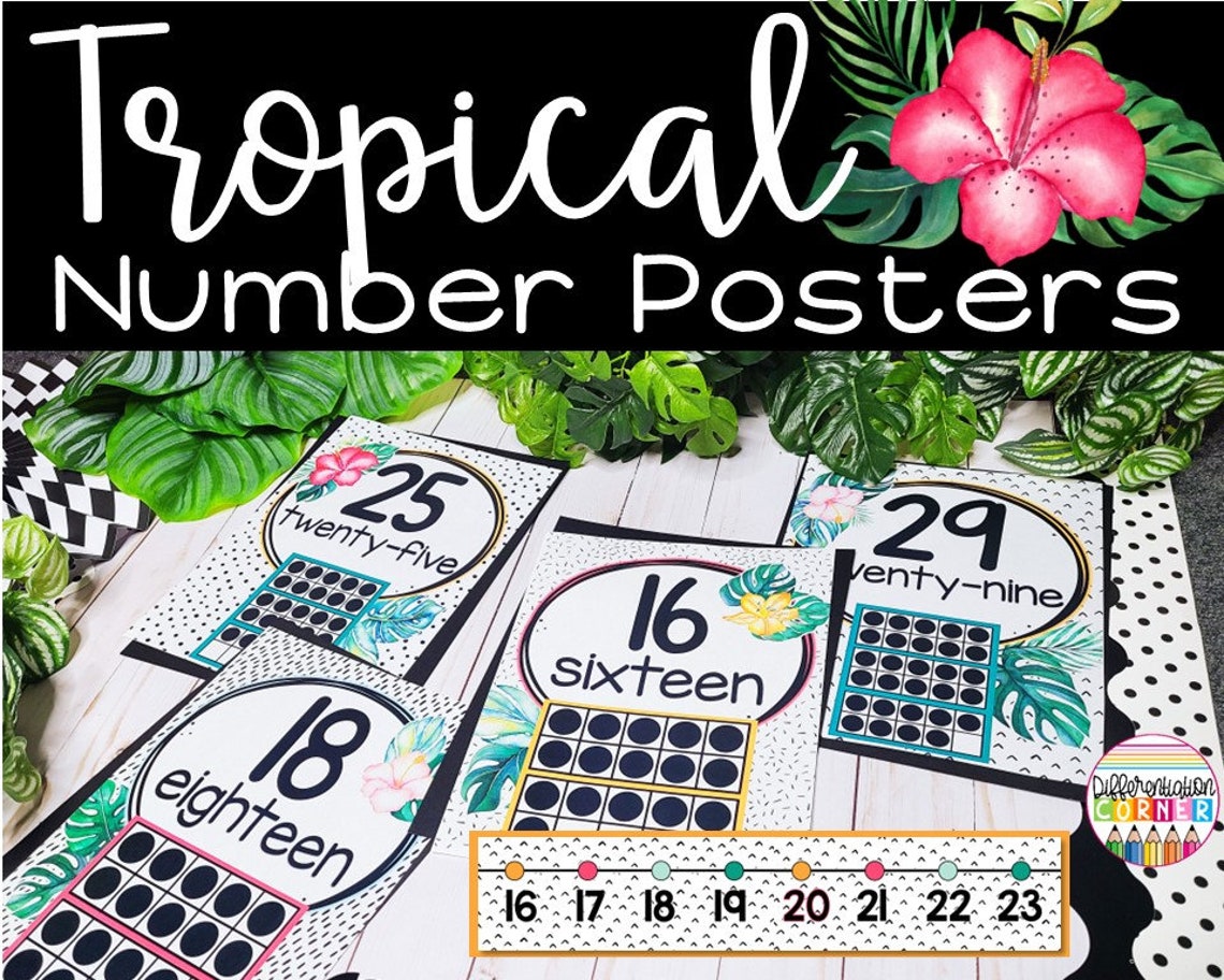 Number Posters 0-30 Number Line With Negative Numbers Tropical ...