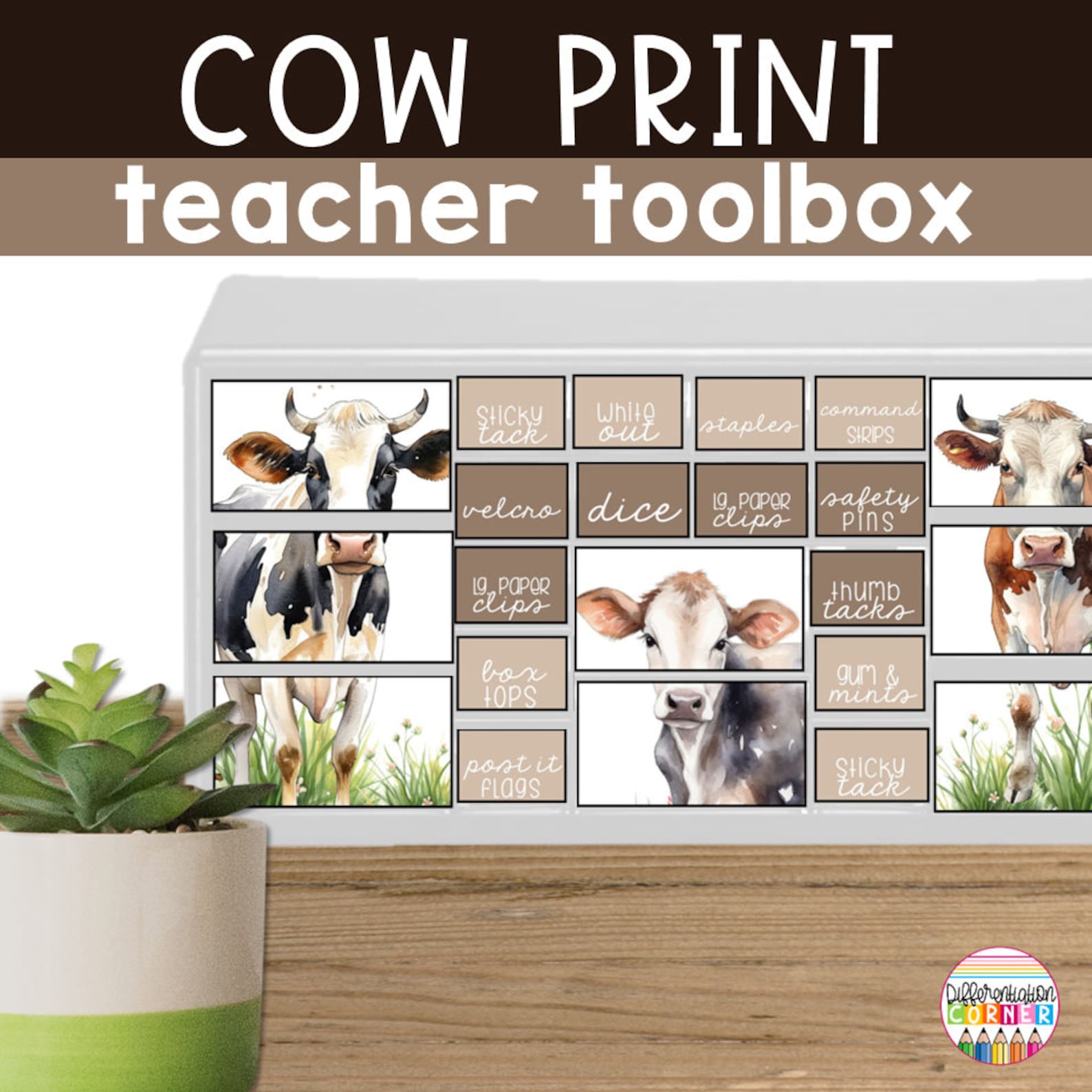 Cow Print Teacher Tool Box Labels Farmhouse Classroom Decor Teacher ...