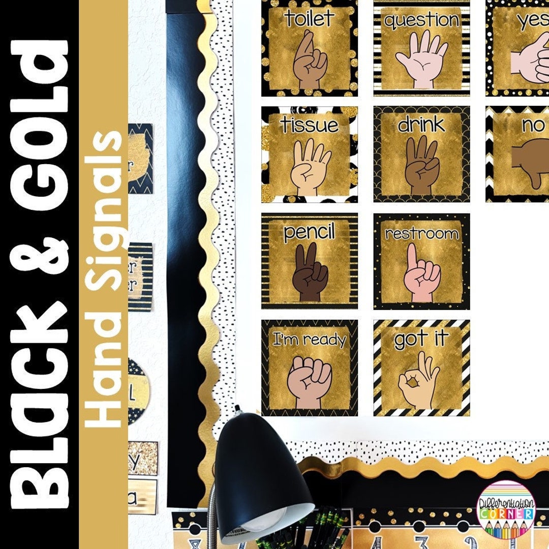Classroom Hand Signal Posters, Black and Gold Classroom Decor, Editable ...