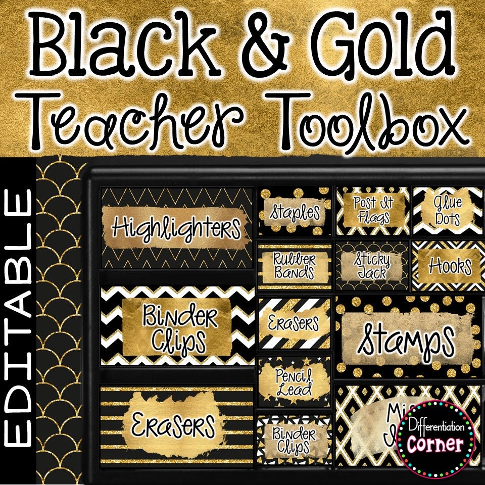 Black and Gold Teacher Tool Box Labels Black and Gold Classroom Decor ...