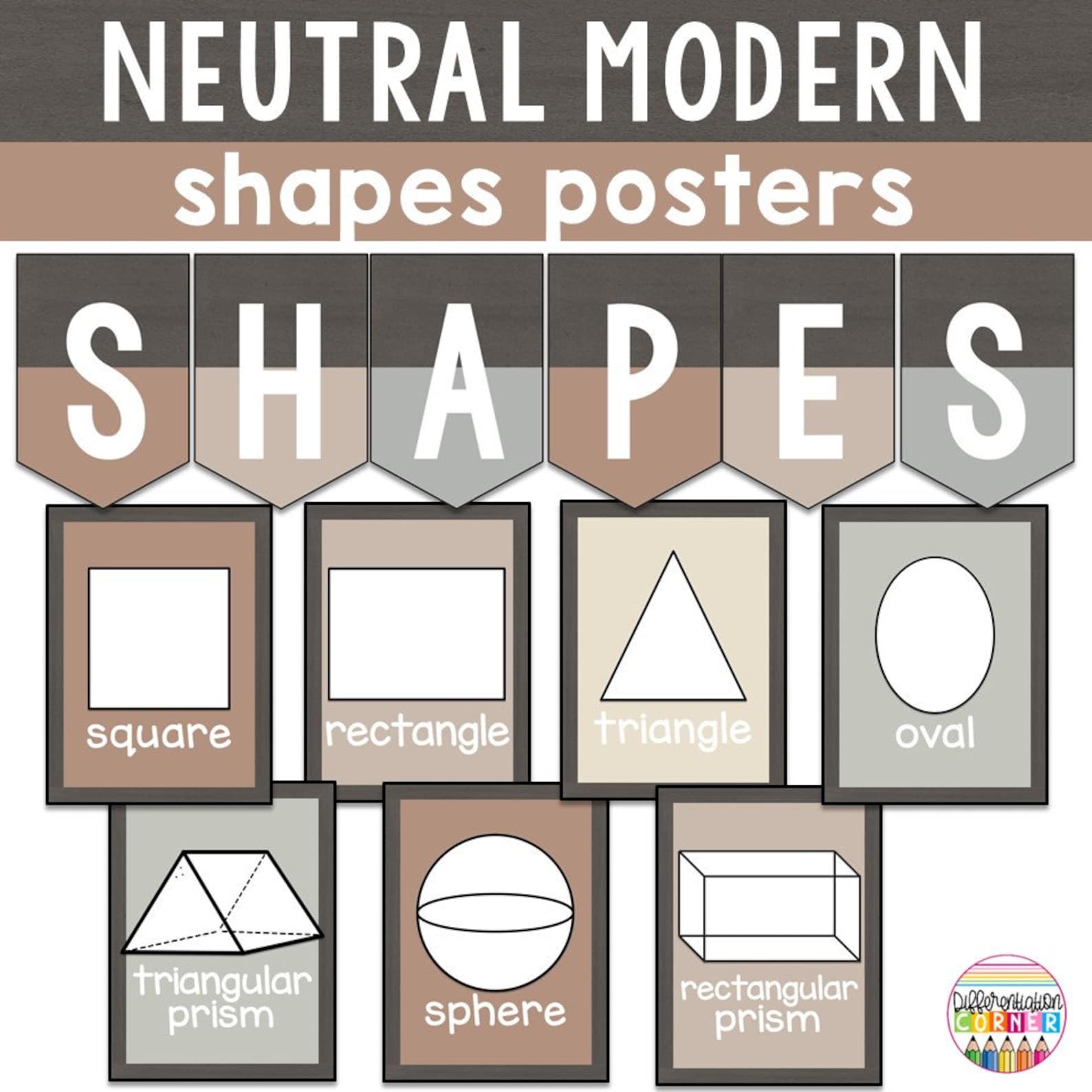 PRINTABLE Shape Posters Charts Neutral Boho Classroom Decor 2D and 3D ...