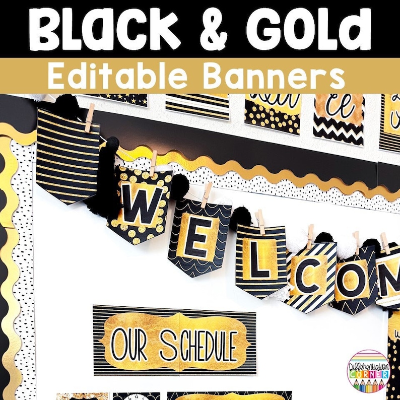 Editable Bunting Bulletin Board Banner Letters Black and Gold Classroom ...