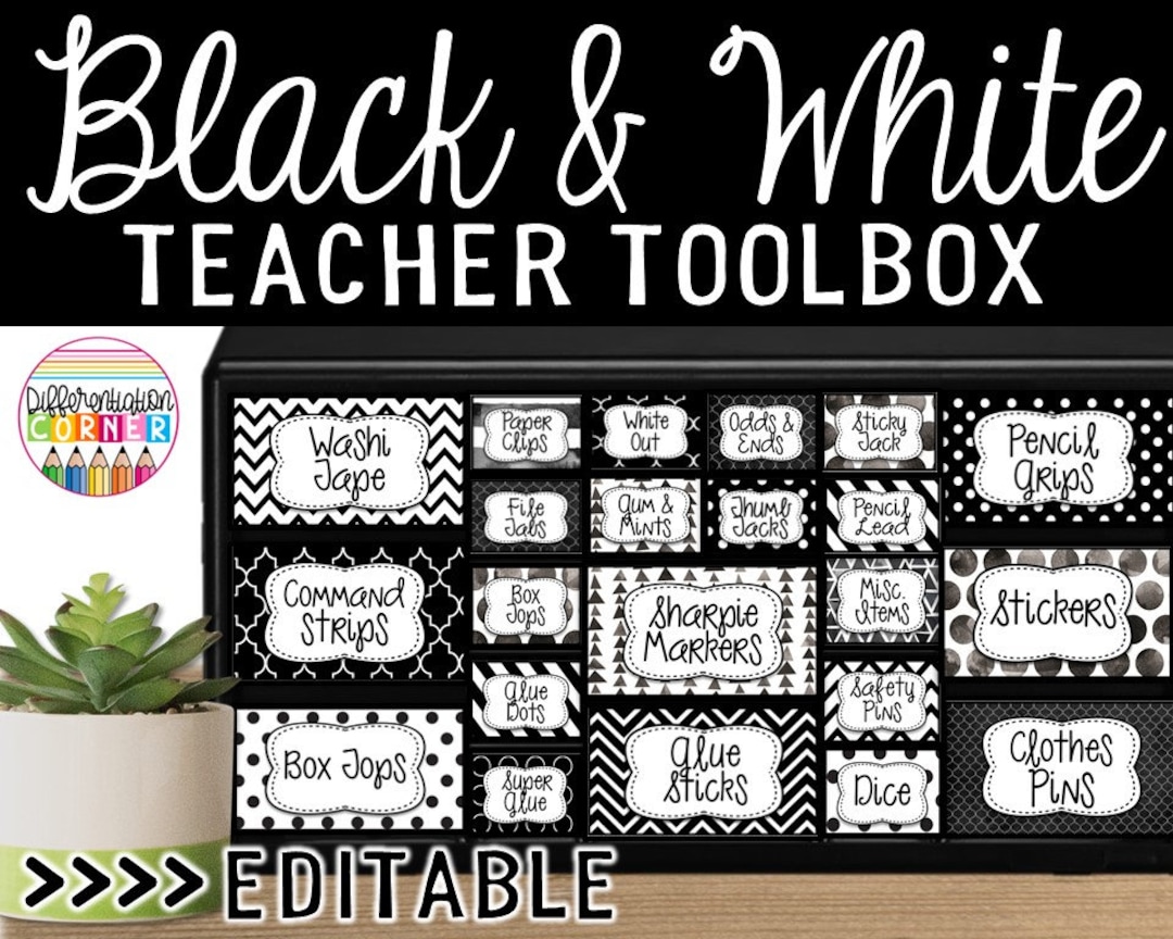Black and White Teacher Tool Box Labels, Black and White Classroom ...
