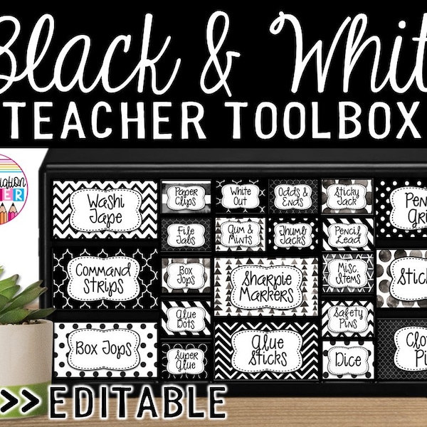 Teacher Tool Box Labels Black and White - Etsy