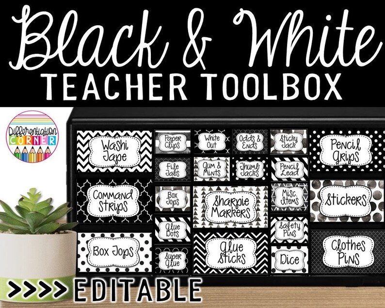 Black and White Teacher Tool Box Labels Black and White - Etsy