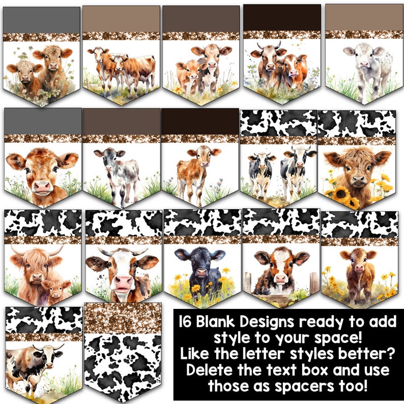 Editable Cow Print Bunting Bulletin Board Banner Letters Farmhouse ...