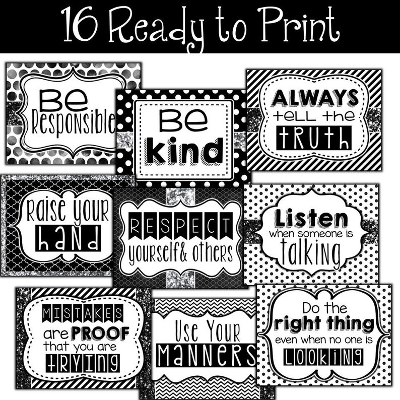 Editable Black and White Classroom Rules Posters Black and White ...