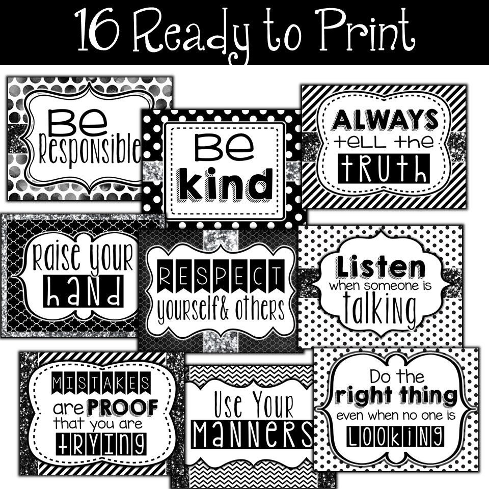Editable Black and White Classroom Rules Posters Black and White ...