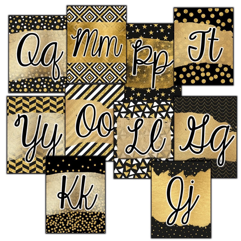 Cursive and Print Alphabet Posters for the Classroom Black and Gold ...