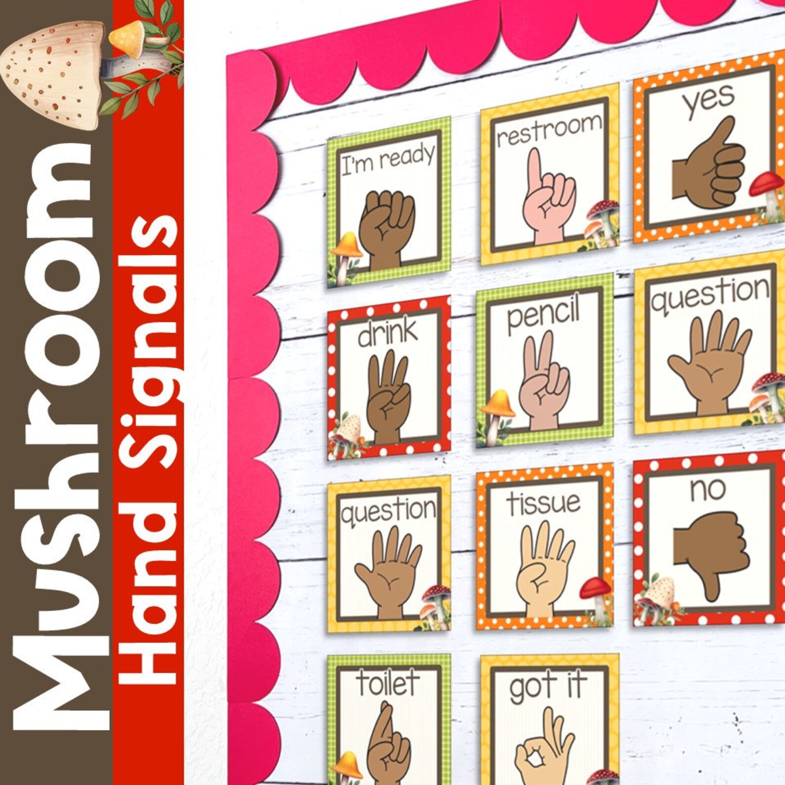 Classroom Hand Signal Posters, Mushroom Retro Classroom Decor, Editable ...