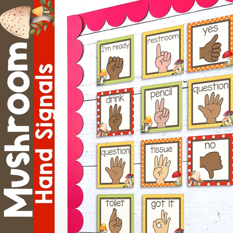 Classroom Hand Signal Posters, Mushroom Retro Classroom Decor, Editable ...