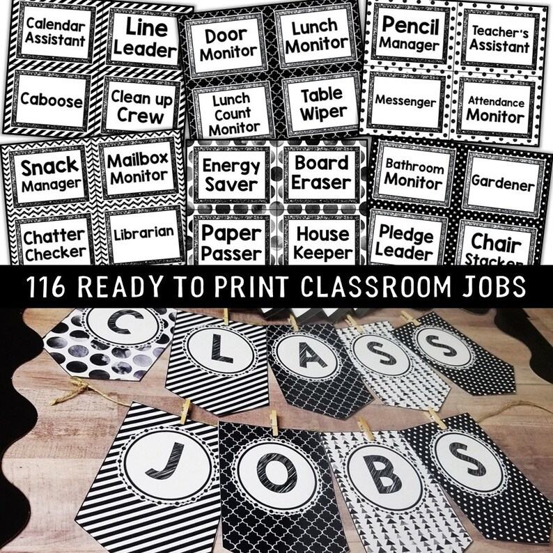 Editable Classroom Jobs Chart Template Black and White Classroom Decor ...