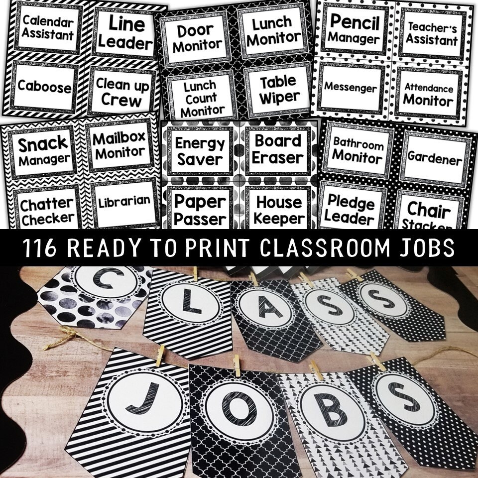 Editable Classroom Jobs Chart Template Black and White Classroom Decor ...