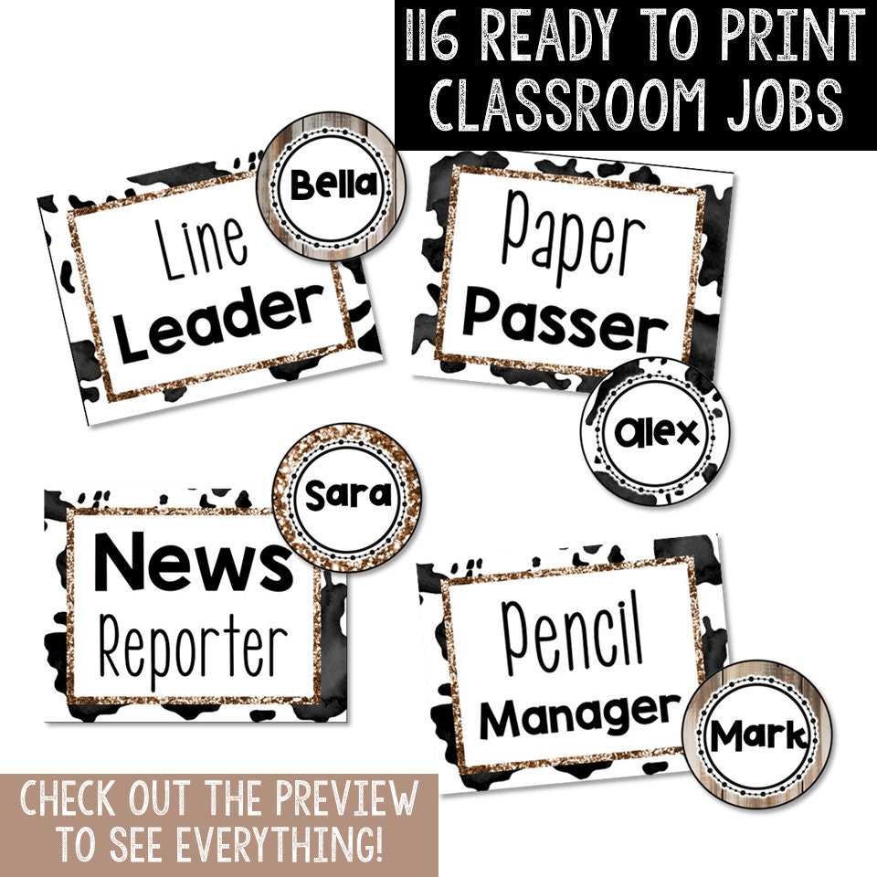 Editable Classroom Job Chart Editable Template Farmhouse Cow Print ...