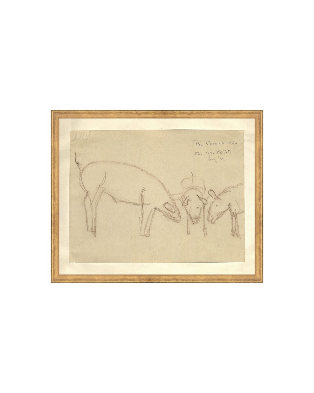 FRAMED. Pigs Sketch. Charcoal Painting Pigs Vintage. Still Life Art ...