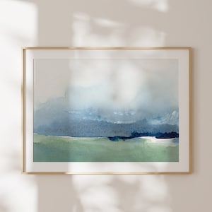 Blue and Green Landscape Watercolor Printed. Abstract Modern Watercolor ...