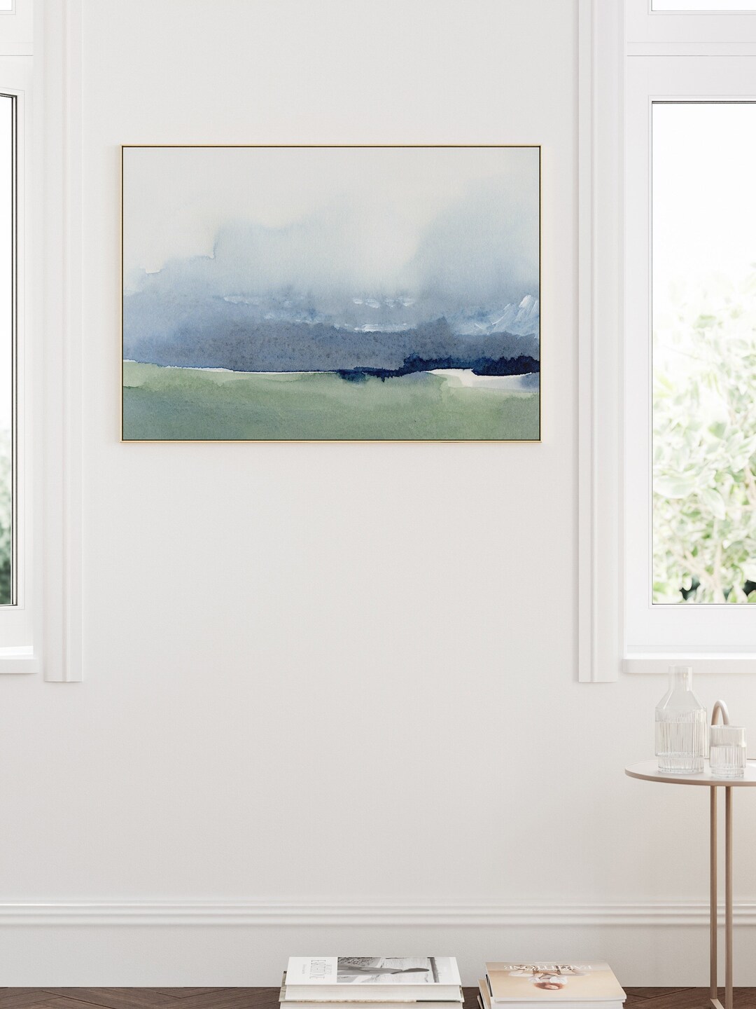 Blue and Green Landscape Watercolor Printed. Abstract Modern Watercolor ...