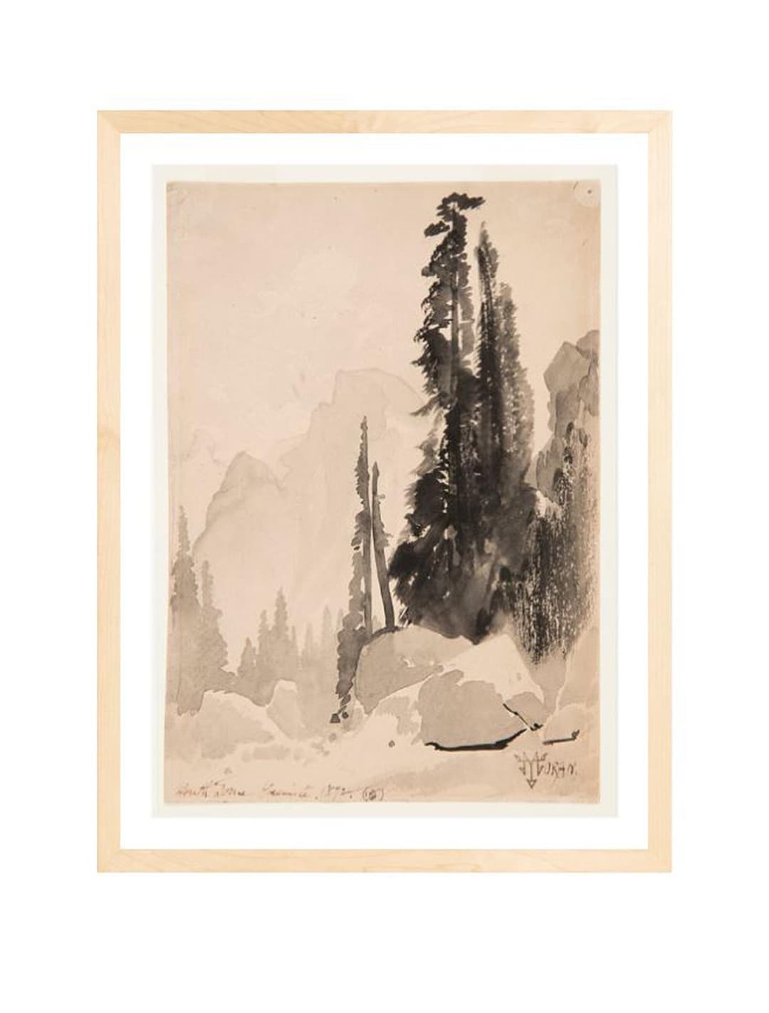 Antique Trees Drawing. Ink Trees Drawing. Mountain Landscape Wall Art ...