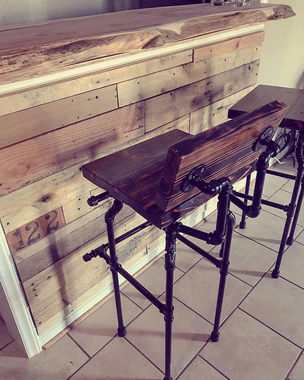 Custom Bar Stool - the Damon - Charred Finish and Black Pipe Legs - Etsy