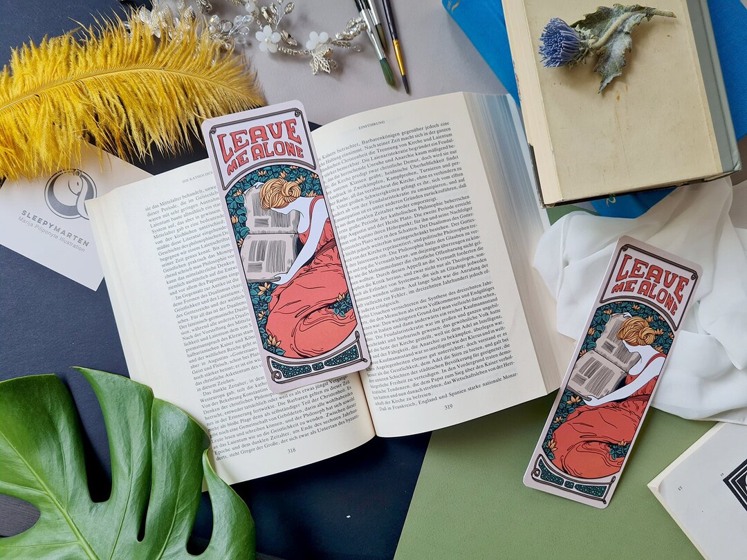 Art Nouveau Reading Lady Bookmark With a Quote: "leave Me Alone" - Etsy