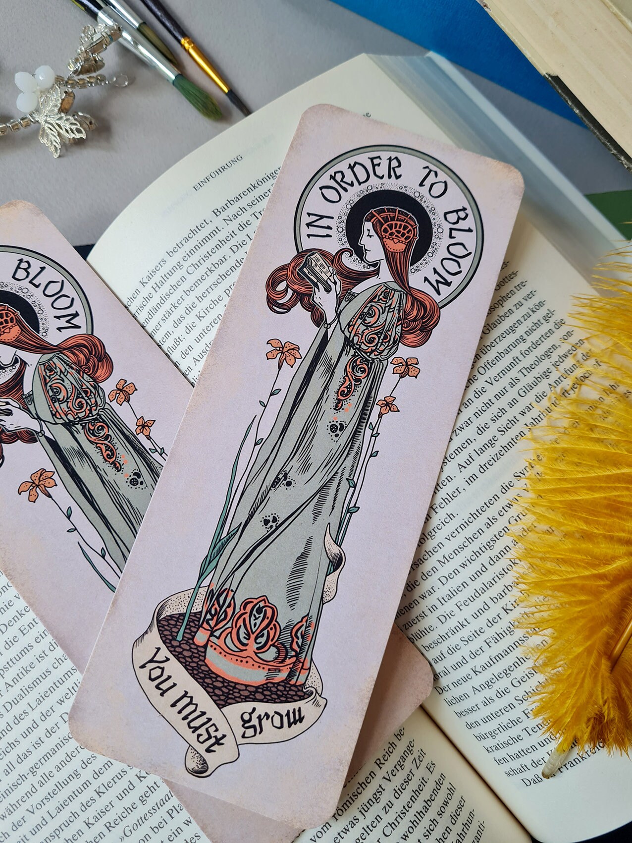 Art Nouveau Reading Lady Bookmark With a Quote: "in Order to Grow You ...
