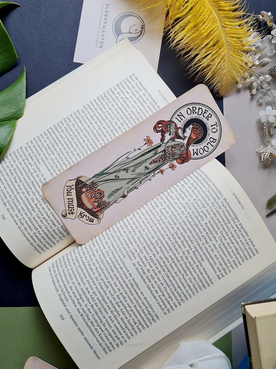 Art Nouveau Reading Lady Bookmark With a Quote: "in Order to Grow You ...