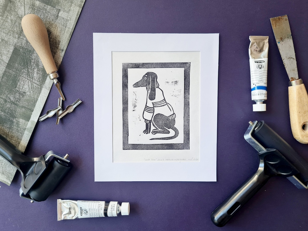 Cozy Dog - Hand-printed Lino Cut Artwork - Etsy