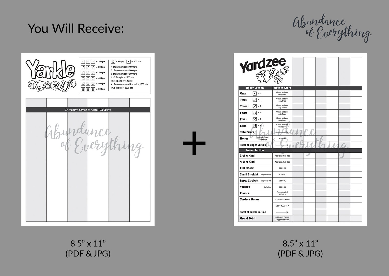 Yardzee (yahtzee) and Yarkle (farkle) - Digital Score Card, Score Sheet ...