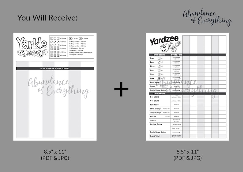 Yardzee (yahtzee) and Yarkle (farkle) - Digital Score Card, Score Sheet ...