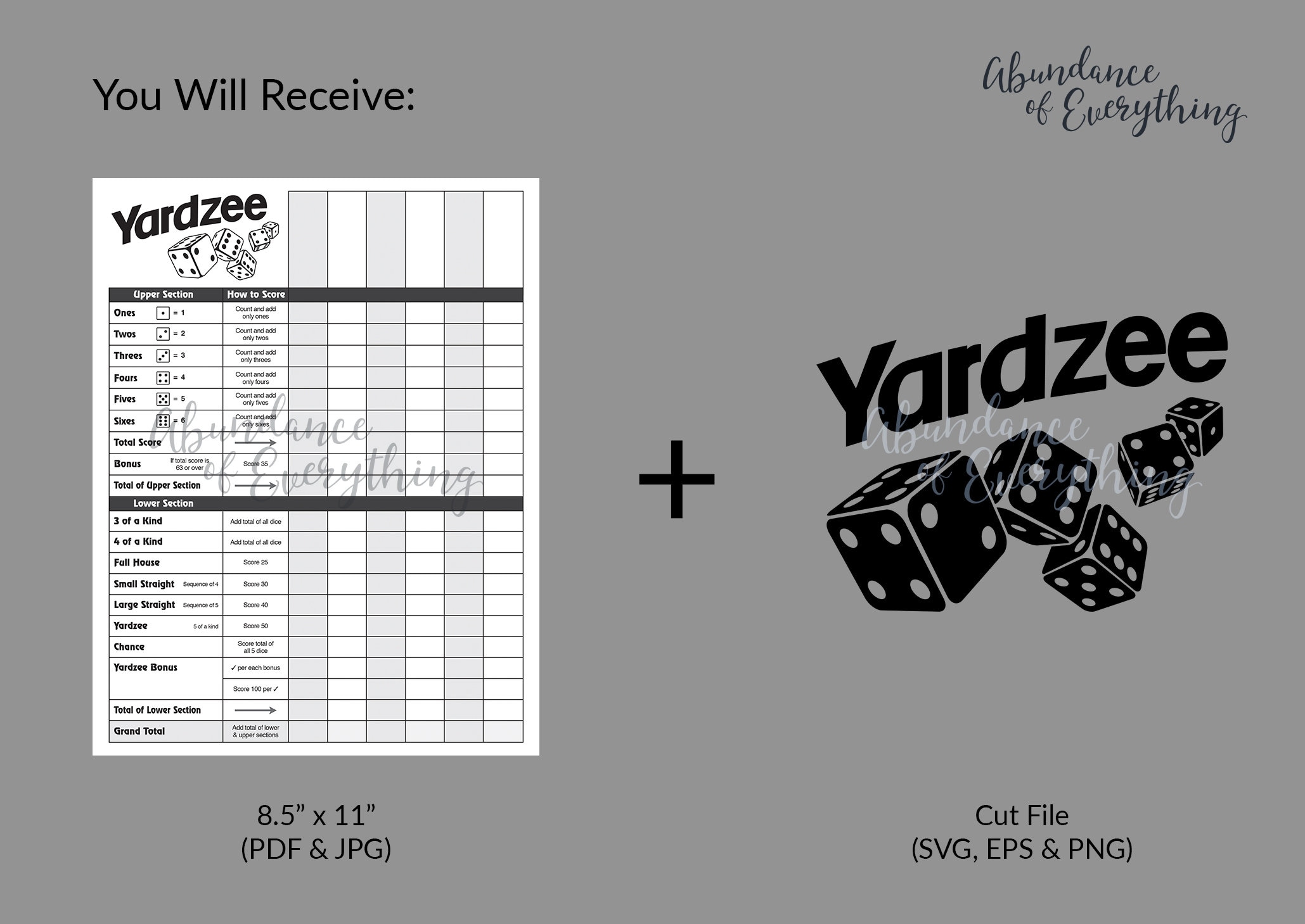 Yardzee (yahtzee) - Digital Cut File & PDF Score Card, Score Sheet, SVG ...