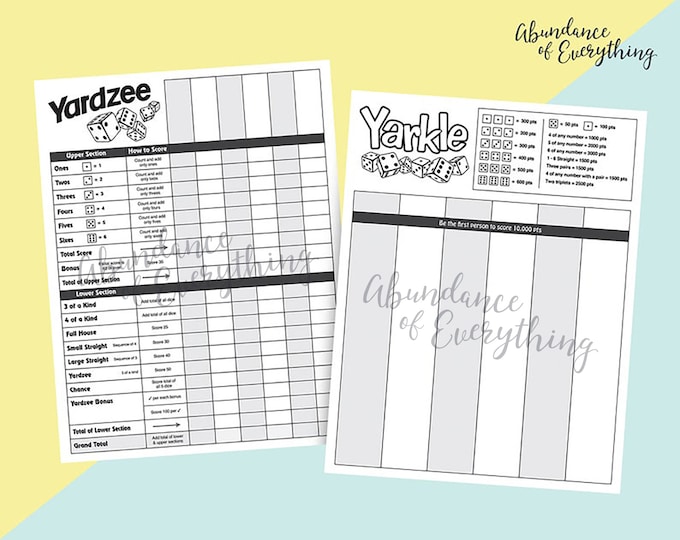 Yardzee (yahtzee) and Yarkle (farkle) - Digital Score Card, Score Sheet ...